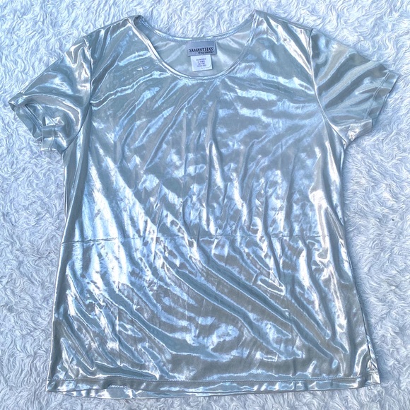 Tops | Vintage Shiny Metallic Silver Semisheer Tshirt | Poshmark
